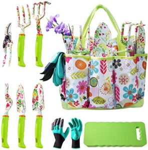 naye garden tool set,cute gardening gifts for women,birthday gifts for mom,heavy duty tool kit with gardening gloves,garden tote,kneeling pad,hand pruner,trowel,hand rake,weeder,fork,transplanter