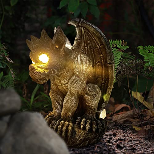 MIBUNG Large Winged Gargoyle Statue with Solar LED Lights, Sitting Gargoyle Monster Protector Garden Guardian Gothic Sculpture, Outdoor Patio Yard Lawn Porch Decor, Gift for Thanksgiving Christmas