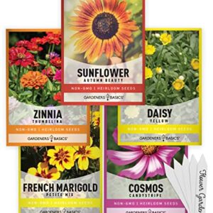 Flower Garden Seeds for Planting Outdoors Flower Seeds (5 Variety Pack) Daisy, Marigold, Cosmos, Sunflower, Zinnia Varieties for Bees, Pollinators Wildflower Seed by Gardeners Basics