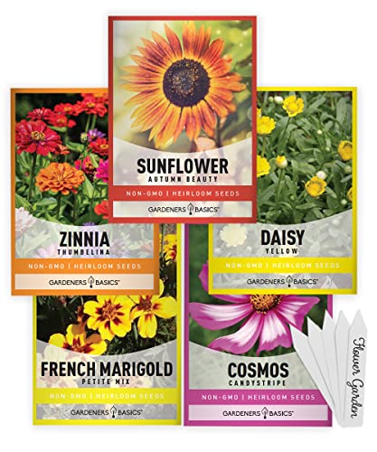 Flower Garden Seeds for Planting Outdoors Flower Seeds (5 Variety Pack) Daisy, Marigold, Cosmos, Sunflower, Zinnia Varieties for Bees, Pollinators Wildflower Seed by Gardeners Basics