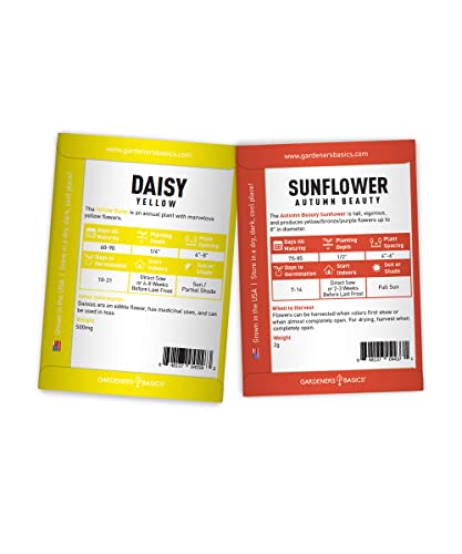 Flower Garden Seeds for Planting Outdoors Flower Seeds (5 Variety Pack) Daisy, Marigold, Cosmos, Sunflower, Zinnia Varieties for Bees, Pollinators Wildflower Seed by Gardeners Basics