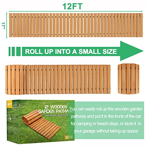 RELIANCER Wooden Garden Pathway,Outdoor Roll Out Cedar Straight Walkway,Patio Path Decorative Garden Boardwalk Walkways,Weather-Resistant Roll Up Beach Wood Road Floor,Wedding Party Pathways (12')