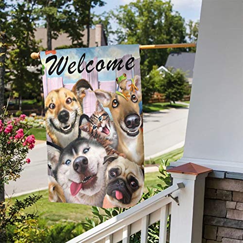 Welcome Happy Dog Animals Outdoor Garden Flag, Double Sided Vertical Garden Yard Flag Banner for Lawn House Outside Decor 12x18inch