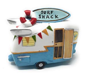 mwd miniature fairy garden retro airstream rv beach camper trailer surf shack decor, mini and dollhouse accessories, surfer camping lover coastal beach themed home decorations, resin, 6″