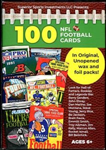 superior sports investments llc 100 nfl football cards in original unopened wax and foil packs blaster box. look for players such as joe montana, barry sanders, brett favre, troy aikman, john elway, bo jackson, emmitt smith, jerry rice, steve young and ma