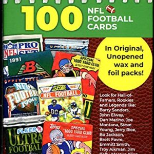 Superior Sports Investments LLC 100 NFL Football Cards in Original Unopened Wax and Foil Packs Blaster Box. Look for players such as Joe Montana, Barry Sanders, Brett Favre, Troy Aikman, John Elway, Bo Jackson, Emmitt Smith, Jerry Rice, Steve Young and ma