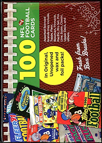 Superior Sports Investments LLC 100 NFL Football Cards in Original Unopened Wax and Foil Packs Blaster Box. Look for players such as Joe Montana, Barry Sanders, Brett Favre, Troy Aikman, John Elway, Bo Jackson, Emmitt Smith, Jerry Rice, Steve Young and ma