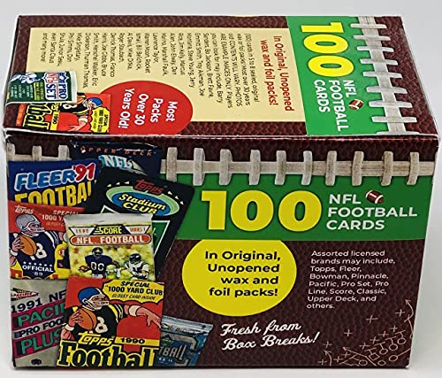 Superior Sports Investments LLC 100 NFL Football Cards in Original Unopened Wax and Foil Packs Blaster Box. Look for players such as Joe Montana, Barry Sanders, Brett Favre, Troy Aikman, John Elway, Bo Jackson, Emmitt Smith, Jerry Rice, Steve Young and ma