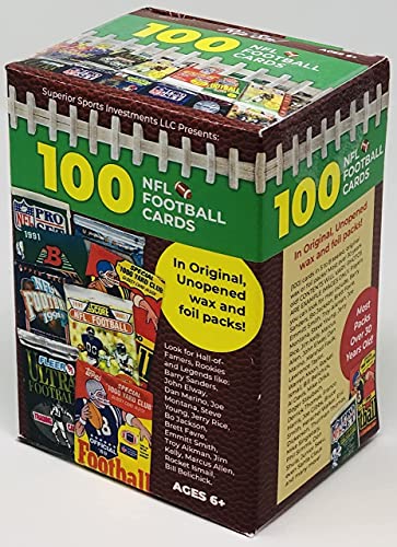 Superior Sports Investments LLC 100 NFL Football Cards in Original Unopened Wax and Foil Packs Blaster Box. Look for players such as Joe Montana, Barry Sanders, Brett Favre, Troy Aikman, John Elway, Bo Jackson, Emmitt Smith, Jerry Rice, Steve Young and ma