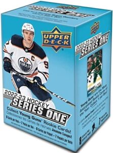 2022-23 nhl upper deck series 1 hockey factory sealed blaster box 56 cards: 7 packs of 8 cards per pack. possible young guns rookie cards include matt boldy, matty beniers, dylan samburg, owen power and many others see scans for great possible inserts and