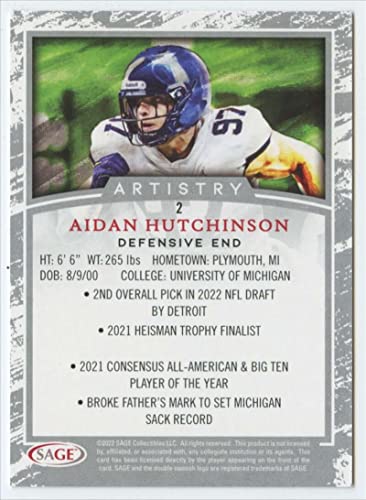 2022 SAGE Artistry #2 Aidan Hutchinson Michigan Wolverines RC Rookie Football Trading Card