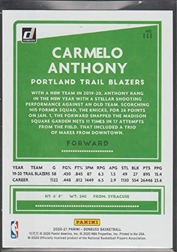 2020-21 Donruss #111 Carmelo Anthony Portland Trail Blazers NBA Basketball Trading Card fron Panini America in Raw (NM or Better) Condition