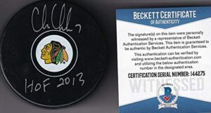 beckett chris chelios”hof 2013″ autographed signed chicago blackhawks licensed logo puck