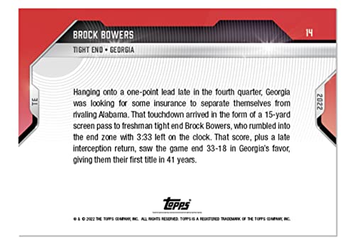 2022 Bowman NEXT Topps Now Brock Bowers #14 -Freshman TE scores TD in National Championship game- Georgia football trading card- Shipped in Protective Screwdown Holder.