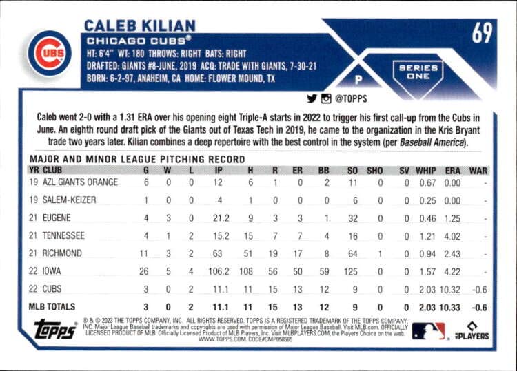 2023 Topps #69 Caleb Kilian NM-MT RC Rookie Chicago Cubs Baseball Trading Card MLB