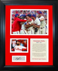 framed philadelphia phillies 2022 nlcs national league champions bryce harper mvp facsimile laser engraved signature auto 12″x15″ baseball photo collage