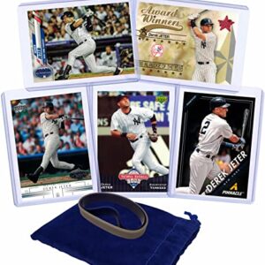 Derek Jeter Baseball Cards (5) ASSORTED New York Yankees Trading Card and Wristbands Gift Bundle