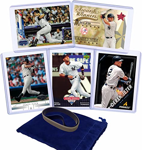 Derek Jeter Baseball Cards (5) ASSORTED New York Yankees Trading Card and Wristbands Gift Bundle