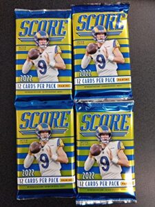 2022-23 panini score nfl football retail 4 sealed packs lot of 12 cards each pack. 48 cards in all look for exclusive retail gold parallels and autograph and base rookie cards of the 2022 rookies such as kenny pickett malik willis desmond ridder chris ola