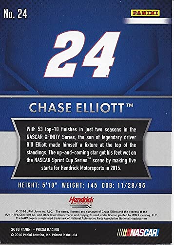 AUTOGRAPHED Chase Elliott 2016 Panini Prizm Racing OFFICIAL ROOKIE CARD (#24 NAPA Driver) Hendrick Motorsports Rare Signed Collectible NASCAR Trading Card with COA