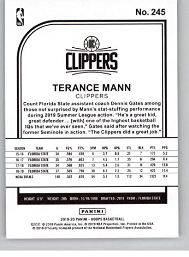 2019-20 Panini Hoops #245 Terance Mann Los Angeles Clippers RC Rookie NBA Basketball Trading Card