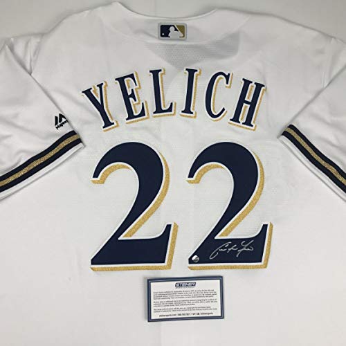 Autographed/Signed Christian Yelich Milwaukee Brewers White Cool Base Baseball Jersey Steiner Sports COA