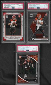 psa 10 joe burrow 3 card rookie lot panini optic elite series, mosaic & absolute graded psa gem mint 10 nfl superstar quarterback