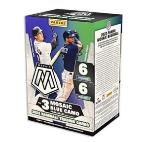 2022 panini mosaic baseball factory sealed blaster box 36 cards 6 packs of 6 cards. 20 cards in all 3 mosaic blue prizms per box on average… chase rookie cards of an generational talent rookie wander franco and julio rodriguez, and more blasters are my