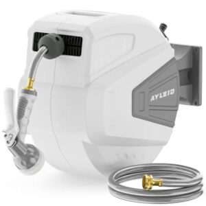 Ayleid Retractable Garden Hose Reel,1/2 in x 100 ft Wall Mounted Hose Reel, with 9- Function Sprayer Nozzle, Any Length Lock/Slow Return System/Wall Mounted/180°Swivel Bracket (Grey)