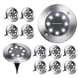 brizled solar ground lights, 12 pack 8 led solar in-ground lights, waterproof solar disk lights garden lights outdoor landscape lighting disc lights for pathway lawn yard driveway walkway, cool white