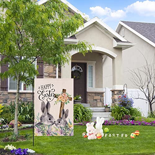 Aitsite Happy Easter Bunny Garden Flag 12.5 x 18 Inch Spring Easter Rabbit Heart to Heart Yard Decoration Vertical Double Sided Flag for Outdoor Farmhouse Easter Decor