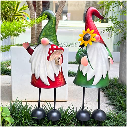 HONGLAND Garden Gnome Statue Outdoor Metal Gnome Yard Art 18 Inch Gnome Figurine Decorative Stakes for Holiday Xmas Lawn Patio Yard Garden Decor-2 PCS