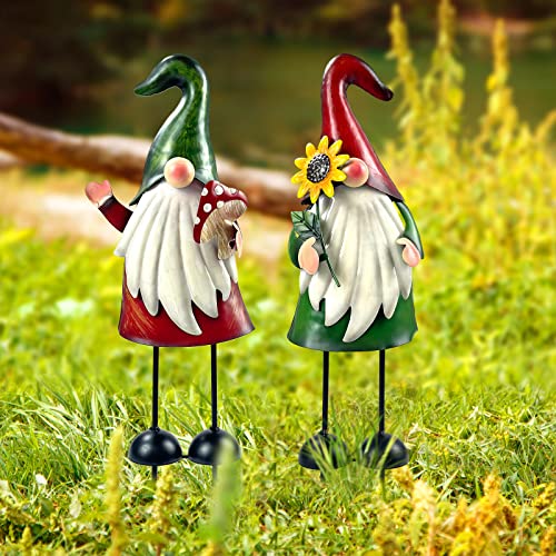 HONGLAND Garden Gnome Statue Outdoor Metal Gnome Yard Art 18 Inch Gnome Figurine Decorative Stakes for Holiday Xmas Lawn Patio Yard Garden Decor-2 PCS