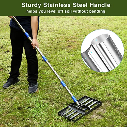 Lawn Leveling Rake, Stainless Steel Rakes for Lawns Heavy Duty, 70" Dirt Leveling Tool Landscape Rake Long Handle for Garden Backyard Golf