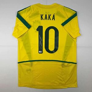 autographed/signed ricardo kaka brazil yellow soccer futbol jersey beckett bas coa