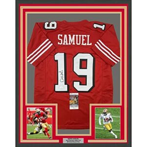 framed autographed/signed deebo samuel 33×42 san francisco red alternate football jersey jsa coa