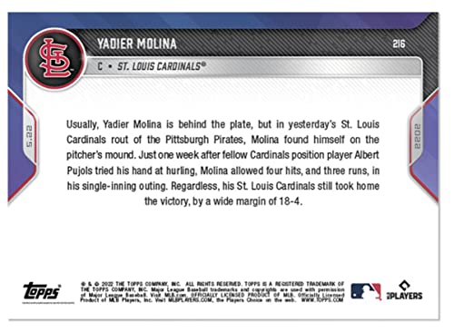 2022 Topps Now Yadier Molina #216 - Catcher makes Pitching Debut- St. Louis Cardinals baseball trading card- Print Run of Only 751 made! Shipped in Protective Screwdown Holder.