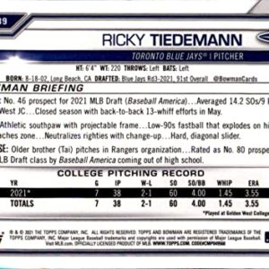 2021 Bowman Chrome Draft #BDC-89 Ricky Tiedemann RC Rookie Toronto Blue Jays MLB Baseball Trading Card