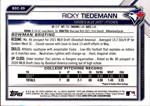 2021 Bowman Chrome Draft #BDC-89 Ricky Tiedemann RC Rookie Toronto Blue Jays MLB Baseball Trading Card