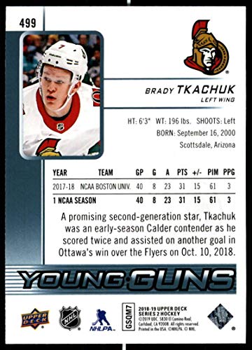 2018-19 Upper Deck Hockey Series Two #499 Brady Tkachuk RC Rookie Card Ottawa Senators Official UD NHL Trading Card