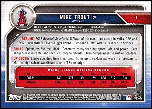 2019 Bowman Baseball #1 Mike Trout Los Angeles Angels Official MLB Trading Card From Topps