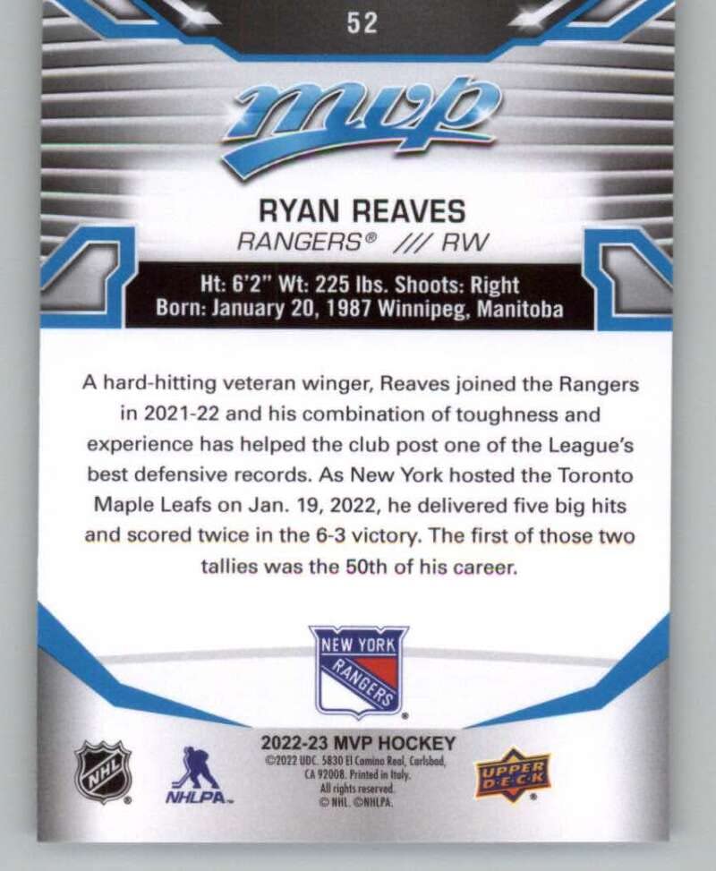 2022-23 Upper Deck MVP #52 Ryan Reaves New York Rangers NHL Hockey Trading Card