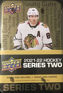 2021 2022 upper deck hockey series 2 factory sealed unopened collectible tin with 9 packs including 72 cards total with possible young gun rookie cards plus an exclusive bonus 3 card o pee chee rookie pack