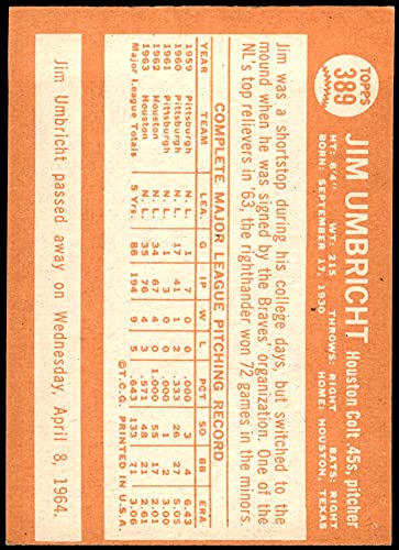 1964 Topps # 389 Jim Umbricht Houston Colt 45s (Baseball Card) VG/EX Colt 45s