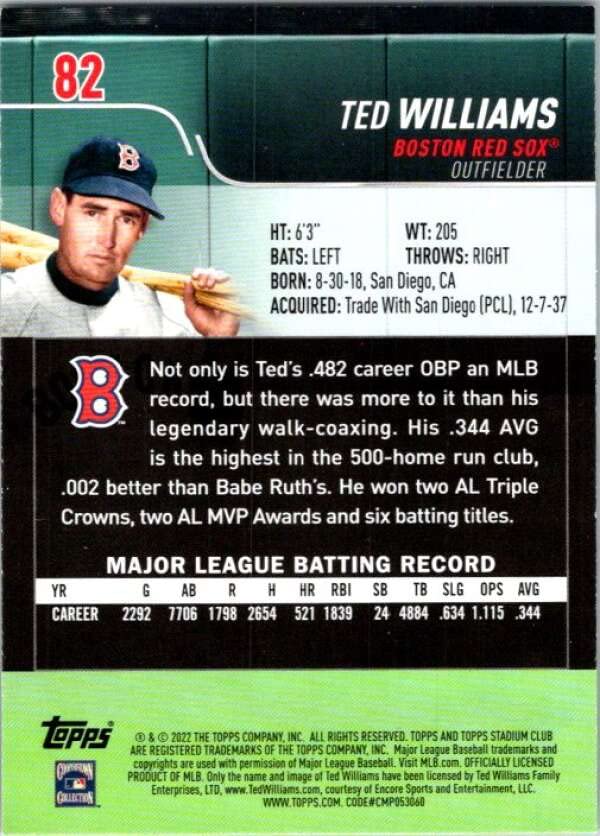 2022 TOPPS STADIUM CLUB #82 TED WILLIAMS RED SOX BASEBALL MLB