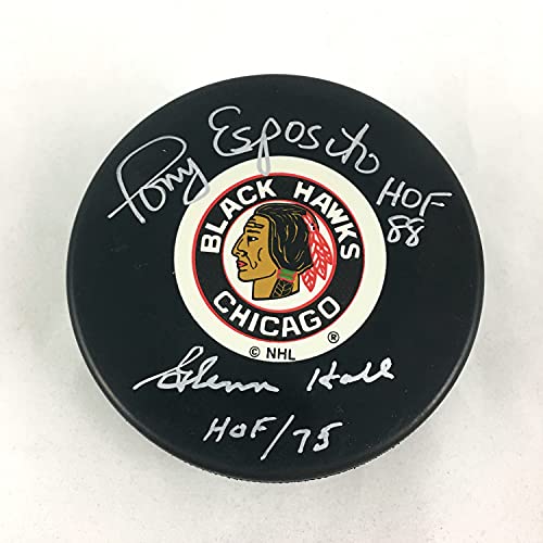 Tony Esposito and Glenn Hall Chicago Blackhawks Signed Autographed Hockey Puck - HOF Inscriptions - Beckett COA