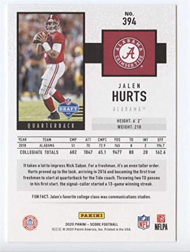 2020 Score #394 Jalen Hurts Alabama Crimson Tide NFL Football Card (RC - Rookie Card) NM-MT