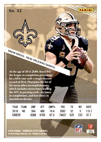 2019 Panini Elite #32 Drew Brees NM-MT New Orleans Saints Officially Licensed NFL Football Trading Card