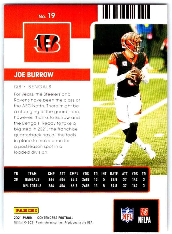 2021 Panini Contenders Season Ticket #19 Joe Burrow Cincinnati Bengals Official NFL Football Trading Card in Raw (NM or Better) Condition