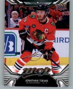 2022-23 upper deck mvp silver script #6 jonathan toews chicago blackhawks nhl hockey trading card